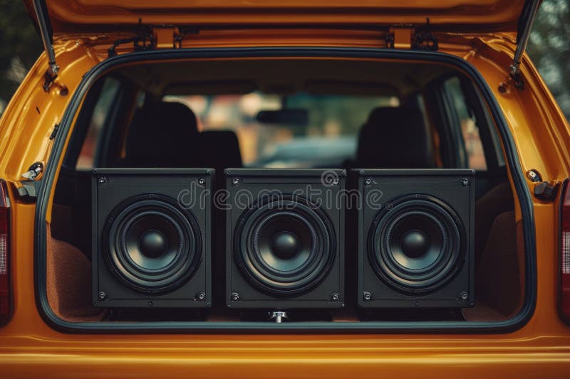 Three Powerful Subwoofers Lying in Modern Car Trunk Stock Photo - Image ...