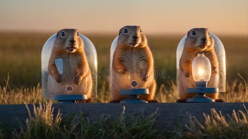 Three Prairie Dogs at Sunset, Illuminated by Lamps Stock Illustration ...