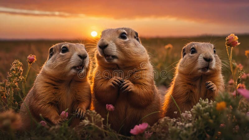 Three Prairie Dogs at Sunset, Wildlife Photography Stock Illustration ...