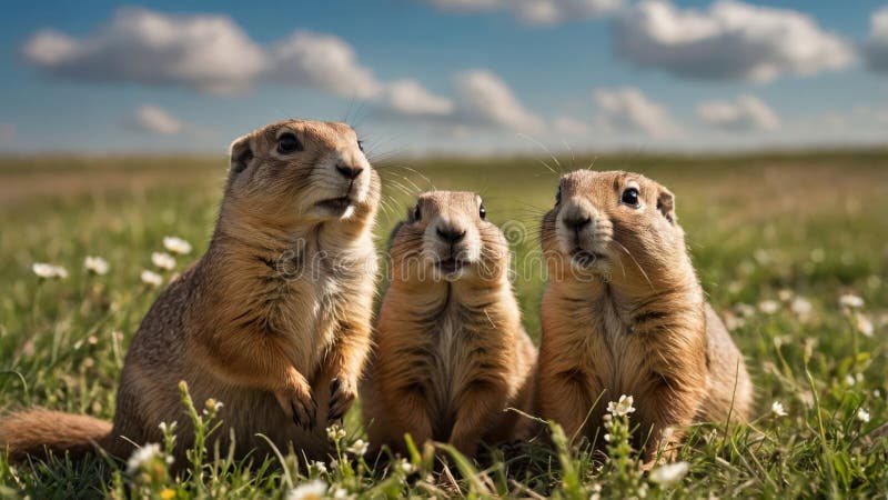 Three Adorable Prairie Dogs in a Sunny Meadow Stock Illustration ...