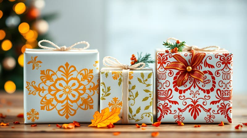 Three Presents with Leaves on Them are on a Table Stock Illustration ...