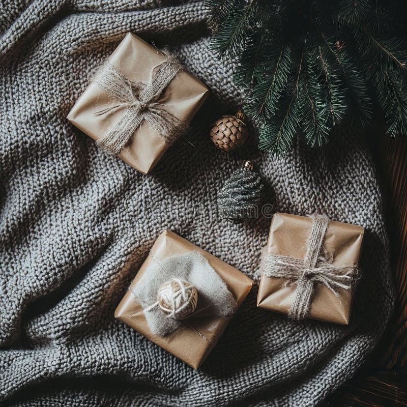 Three Presents are Wrapped in Brown Paper and Tied with String Stock ...