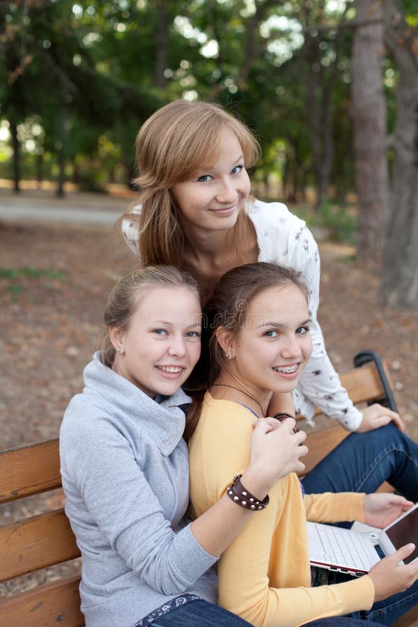 Three Cheerful Student Girls Making Photos Stock Photo - Image of ...