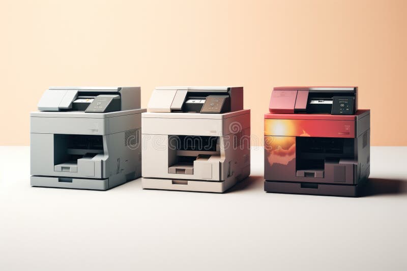 Three Printers Lined Up on a Table, Versatile and Efficient. Suitable ...