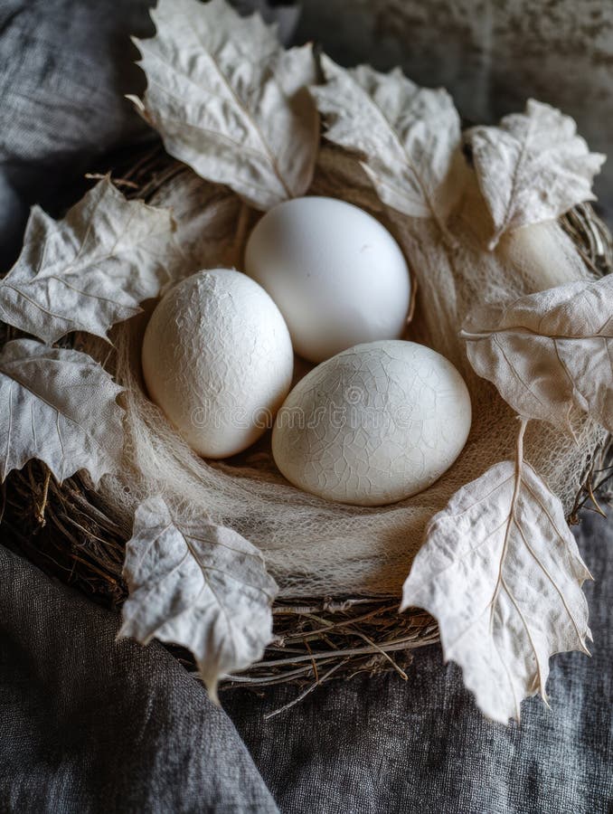 Three Pristine Eggs Nestled in a Decorative Cotton Nest Surrounded by ...