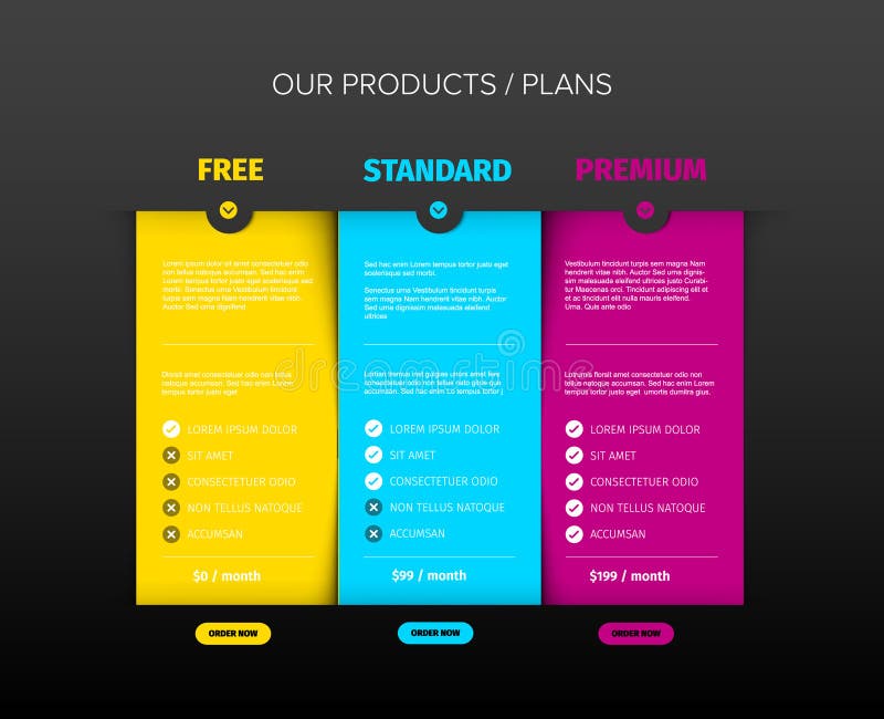 Pricing Table Dark Template with Three Product Cards Stock Vector ...