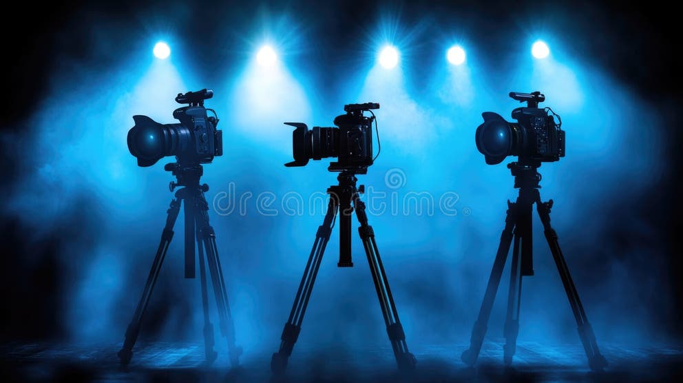Three Professional Cameras on Tripods in Dramatic Studio Lighting Stock ...