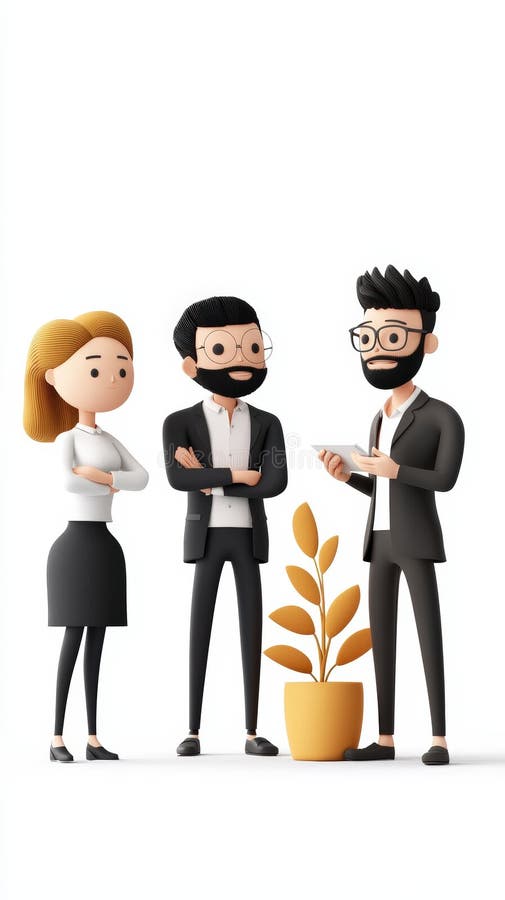 Three Professional Characters Engage in Discussion beside a Plant ...