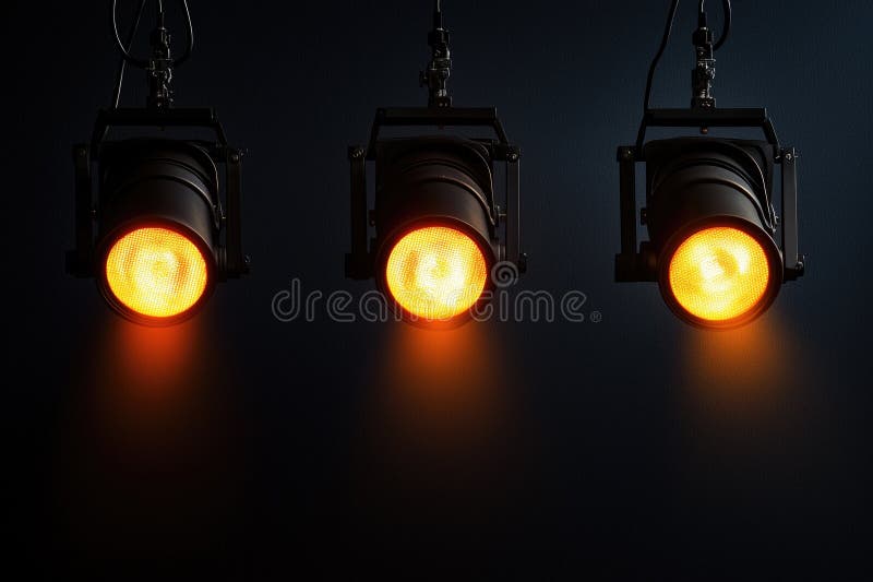Three Professional Stage Spotlights with Warm Glow in Dark Studio ...