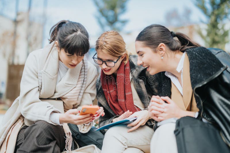 Three Professional Women Sharing Ideas and Engaging with Technology Outdoors Stock Image - Image ...
