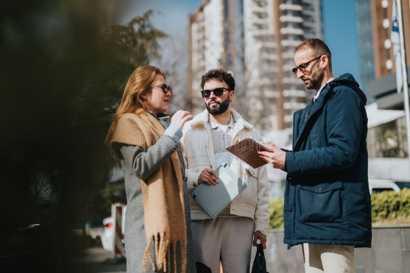 Three Professionals Discussing Work Ideas Outdoors on a Sunny Day Stock ...