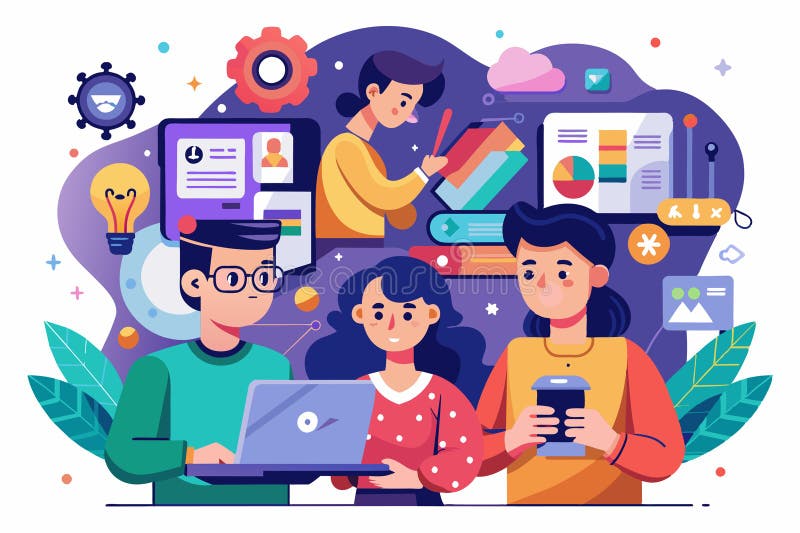 Three Professionals Engage in Collaborative Digital Illustration Work ...