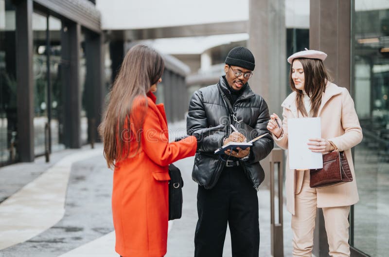 Three Professionals Engaged in a Conversation Outside Modern Office ...