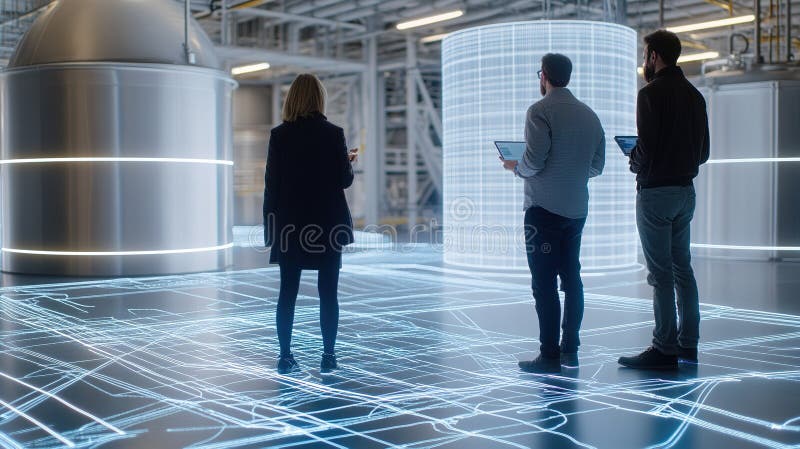 Three Professionals Examine Data Visualizations in a Modern Industrial ...