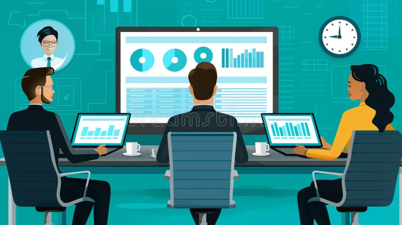 Three Professionals Reviewing Data on Laptops and a Large Screen, with ...