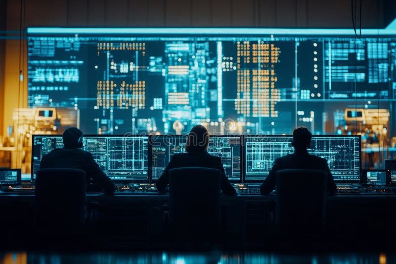 Three Professionals Working at Futuristic Computer Monitors. they ...