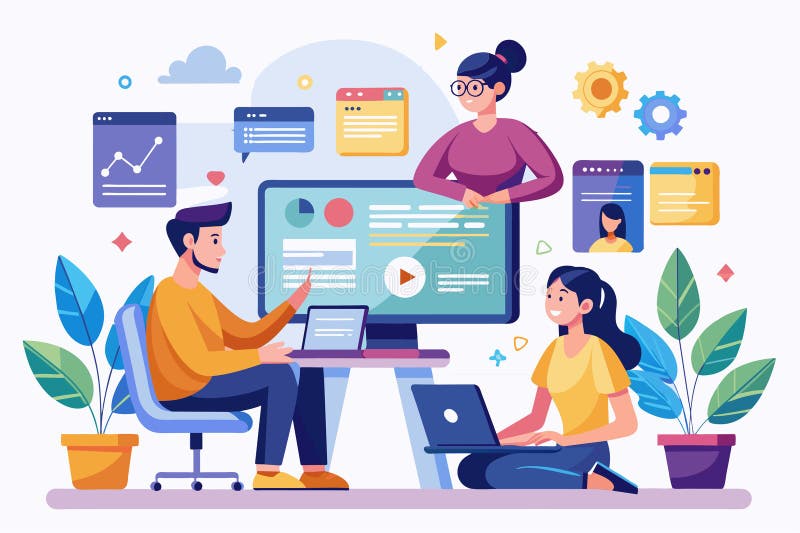 Three Programmers Work Together in a Vibrant Workspace, Sharing Ideas and Coding Techniques ...