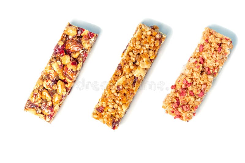 Three Protein Bars with Cereals Isolated on White Background, Top View ...