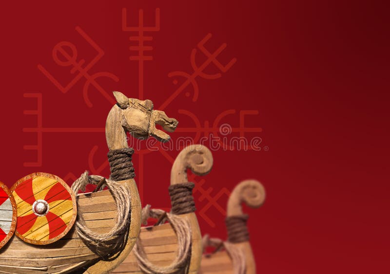 Three Prows of a Viking Warship, One with Dragon S Head on a Red ...