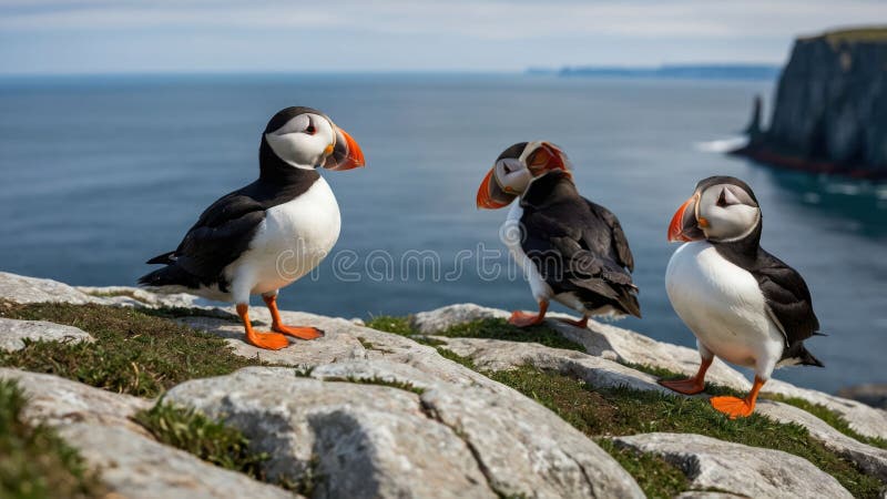 Three Puffins Perched on a Rocky Cliff Overlooking the Ocean Stock ...