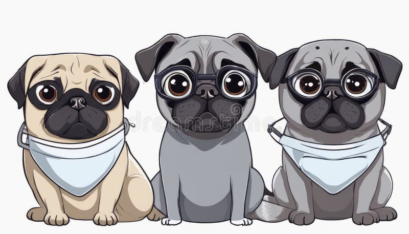 Three Pug Dogs Wearing Glasses and Scarves Stock Illustration ...
