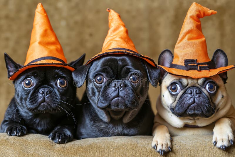 Three Pug Dogs Wearing Halloween Hats Stock Image - Image of black ...