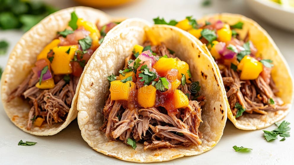 Three Pulled Pork Tacos with Mango Salsa on Tortillas. Stock Photo ...