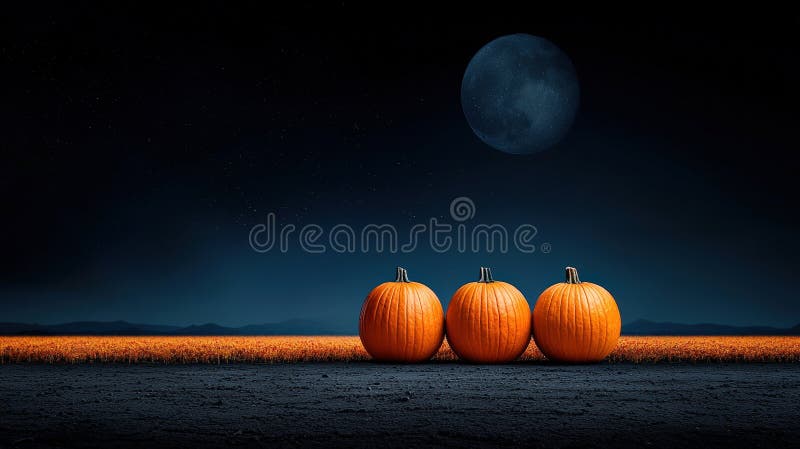 Three Pumpkins Against a Dark Night Sky with a Full Moon Stock ...