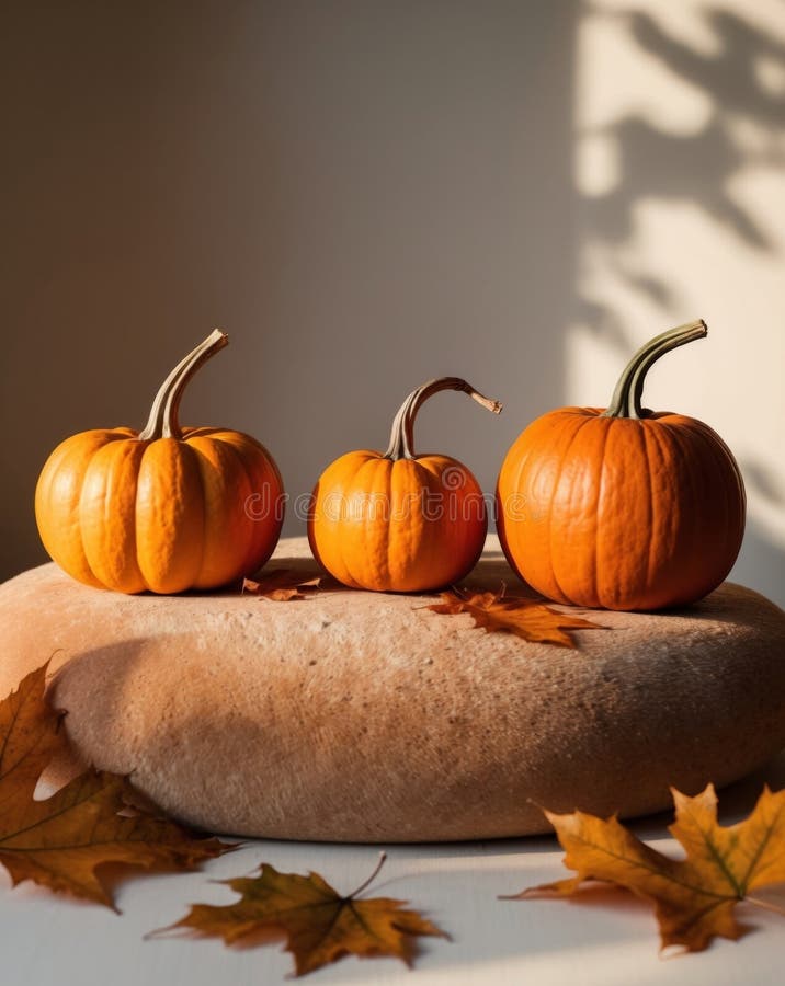Three Pumpkins Arranged beside Each Other Atop a Mound of Leaves ...