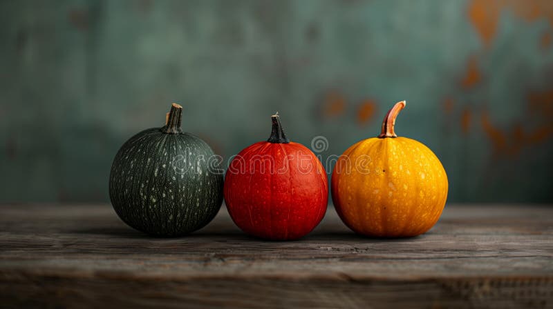 Three Pumpkins of Different Colors Arranged in a Row on a Wooden ...