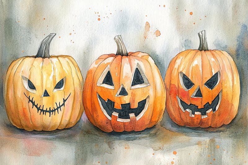 Three Pumpkins with Scary Faces are Painted on a Table Stock Image ...