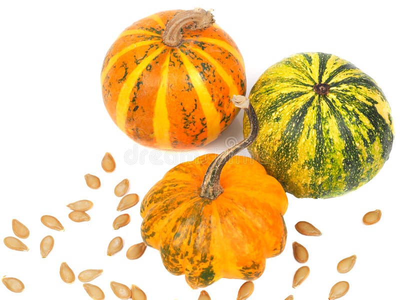 Three Pumpkins with Seeds Isolated on White Stock Photo - Image of ...