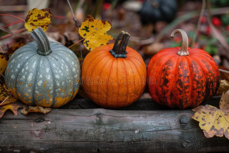 Three Pumpkins Sit Atop a Rustic Log, Perfect for Fall Decorations or ...
