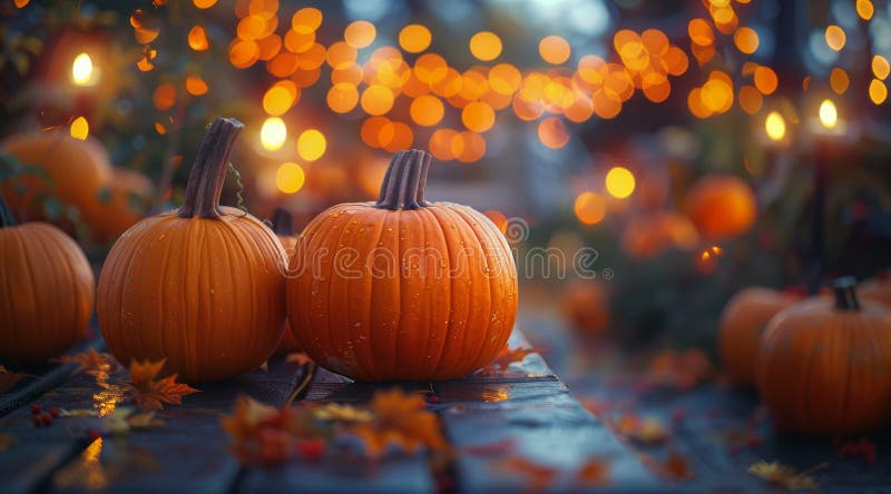 Three Pumpkins on a Wooden Table with Fall Leaves and String Lights ...