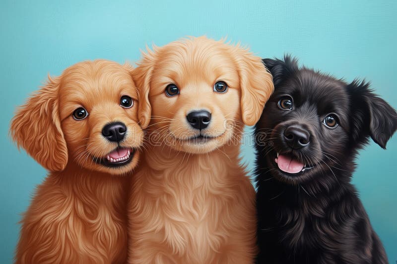 Three Puppies on a Blue Background Stock Image - Image of retriever ...