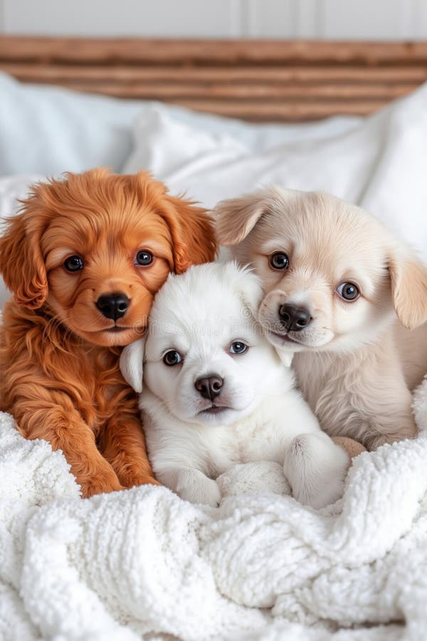 Three Puppies Laying on a Bed with White Blankets Stock Photo - Image ...