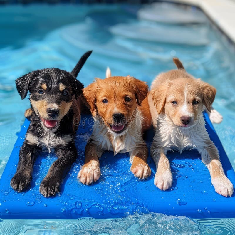 Three Puppies Playing in the Pool Stock Photo - Image of blue, playing ...