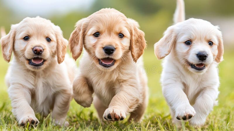 Three Puppies Running in a Field of Grass Together, AI Stock Image ...