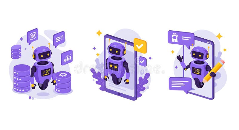 Three Purple and Black Robots in Different Scenarios. the First Robot ...