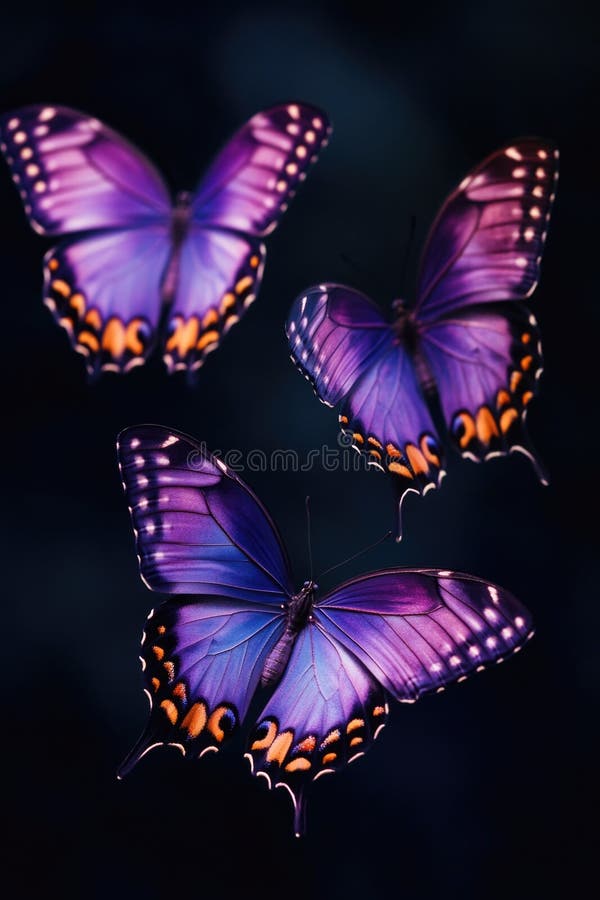 Three Purple Butterflies Fly through a Dark Sky with Stars Visible ...