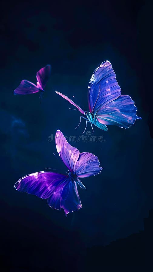 Three Purple Butterflies Flying in the Dark Stock Photo - Image of blue ...