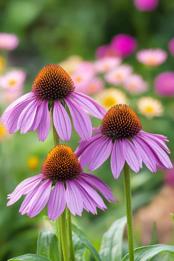 Three Purple Coneflowers Blooming in Garden High Quality Image Stock ...
