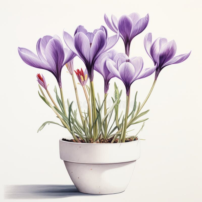 Realistic Watercolor Crocus Flowers in White Ceramic Pot Stock ...