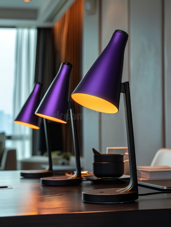 Three Purple Desk Lamps on a Modern Workspace. Stock Image - Image of ...