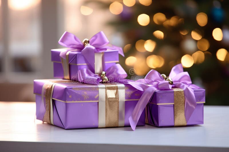 Three Purple Gift Boxes with Bows on a Table in Front of a Christmas ...