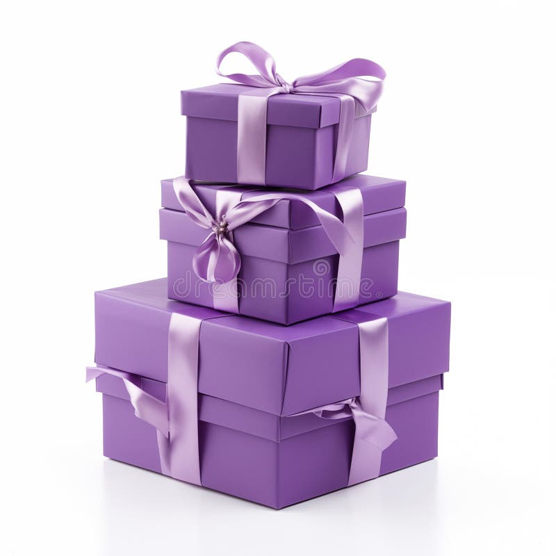 Three Purple Gift Boxes with Satin Ribbons Stacked Neatly on a White ...