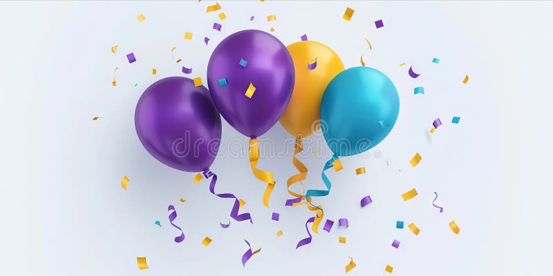 Three Purple and Yellow Balloons with Confetti Stock Photo - Image of ...