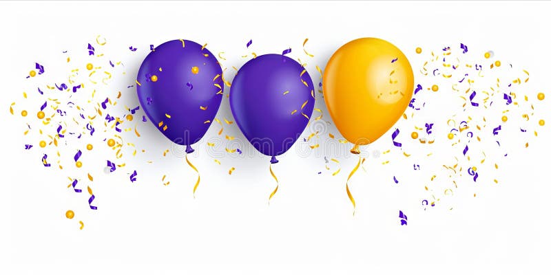 Three Purple and Yellow Balloons with Confetti Stock Illustration ...