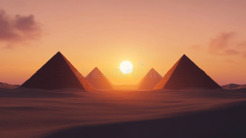 Three Pyramids in the Desert at Sunset with a Bright Orange Sky, AI ...