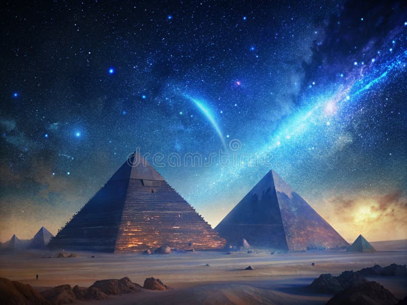 Three Pyramids Under a Starry Sky Stock Image - Image of space, egypt ...